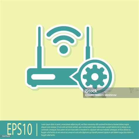 녹색 라우터와 와이파이 신호와 노란색 배경에 고립 된 기어 아이콘 조정 응용 프로그램 서비스 개념 설정 옵션 유지 보수 수리
