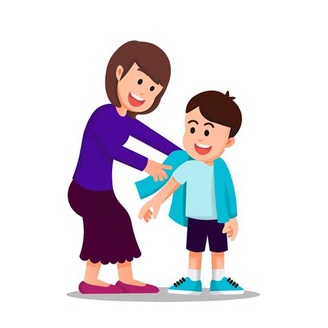 A Mother Helps Her Son To Get Dressed Vector Art At Vecteezy