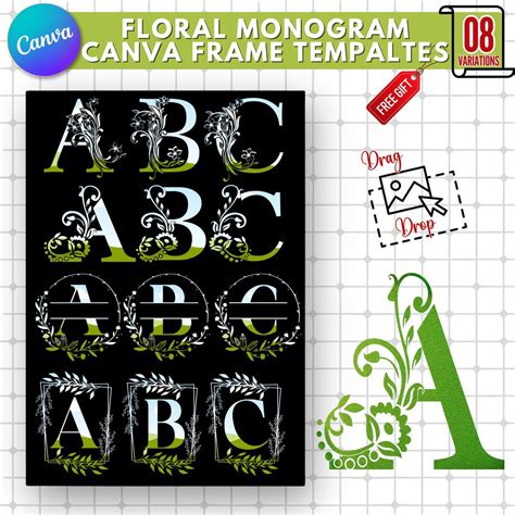 Floral Monogram Canva Template Split Letter Frame Digital Download