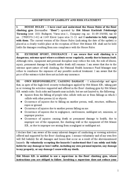 Assumption Of Liability And Risk Statement Eng Pdf Legal Liability Negligence