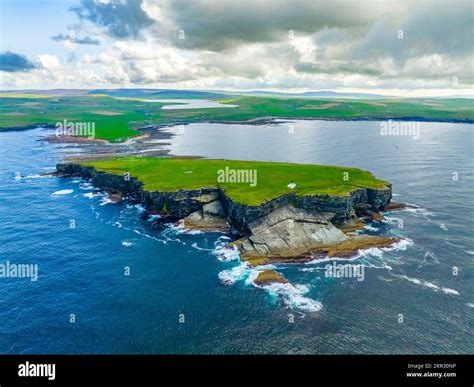 Aerial View Of Sea Cliffs At Brough Of Birsay On West Mainland Orkney