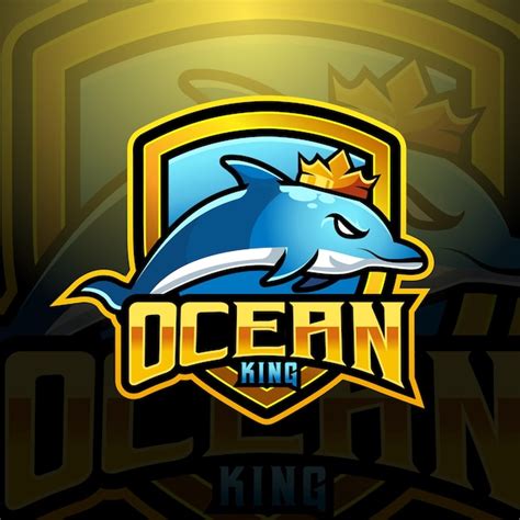 Dolphin Royal King 마스코트 로고 디자인 벡터 배지 엠블럼 및 티셔츠 인쇄를 위한 현대적인 일러스트레이션 컨셉