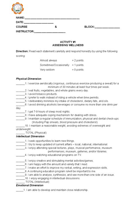 Activity Assignment Pe 111 Name