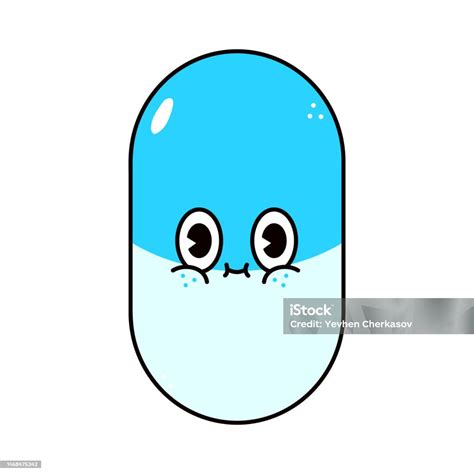 귀여운 재미있는 알약 캐릭터 벡터 손으로 그린 전통적인 만화 빈티지 복고풍 Kawaii 캐릭터 그림 아이콘 흰색 배경에 격리 알약 캐릭터 개념 0명에 대한 스톡 벡터 아트