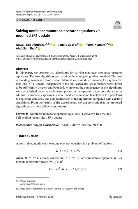 PDF Solving Nonlinear Monotone Operator Equations Via Modified SR1 Update