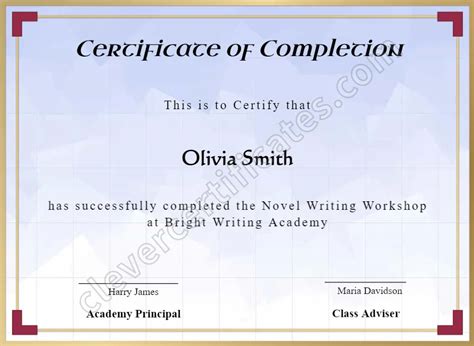 Novel Writing Workshop Completion Certificate