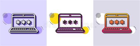 Laptop Password Line Icon Cyber Defence Sign Halftone Dotted Pattern Vector Stock