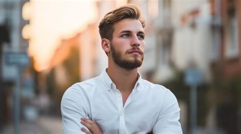 A Young Man With Blond Hair And Blue Eyes Is Standing In A City Street He Is Wearing A White
