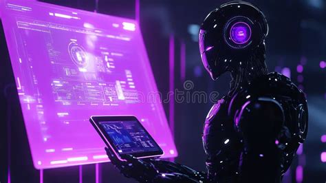 Futuristic Ai Robot Analyzing Data On Digital Screens In Neon Purple
