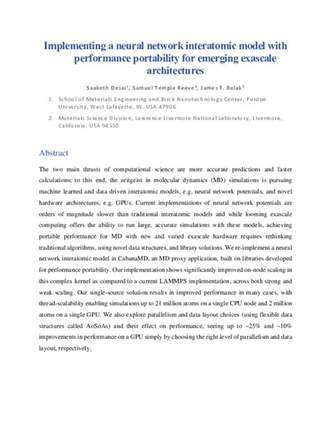 Pdf Implementing A Neural Network Interatomic Model With Performance Portability For Emerging