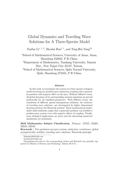 Pdf Global Dynamics And Traveling Wave Solutions For A Three‐species Model