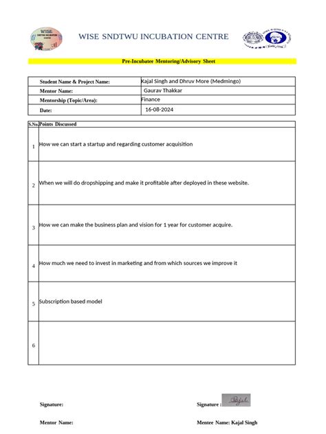 Startup Mentoring Sheet Format Pdf