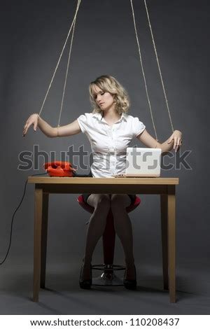 Business Woman Table Tied Strings Manipulate Stock Photo 110208437
