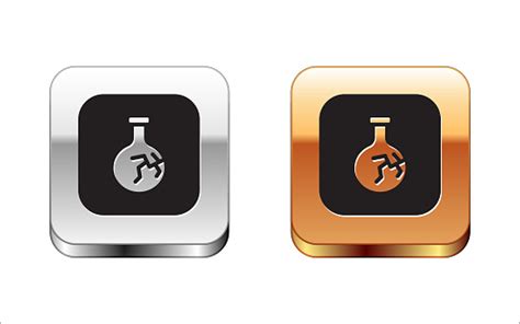 검은 금이 테스트 튜브와 흰색 배경에 고립 된 플라스크 화학 실험실 테스트 아이콘 실험실 유리 제품 기호 실버 골드 스퀘어 버튼