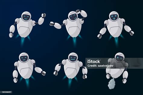 귀여운 친화적 인 로봇 캐릭터 다른 감정 세트 미래형 챗봇 마스코트 다양한 액티비티 포즈 온라인 봇 인사 미소 슬픈 악 놀라움 생각과 깨진 만화 벡터 일러스트레이션 로봇에