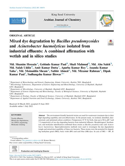 Pdf Mixed Dye Degradation By Bacillus Pseudomycoides And Acinetobacter Haemolyticus Isolated