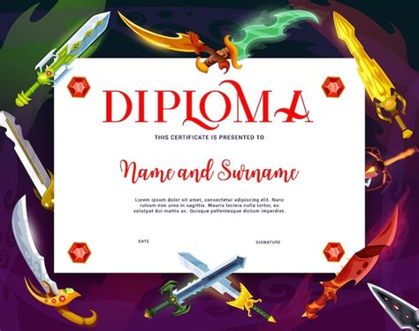 키즈 디플로마 마법 검과 블레이드 인증서 프리미엄 벡터