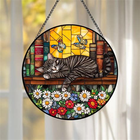 Stained Glass Cat Window Hanging Cozy Tabby On Bookshelf Floral Panel