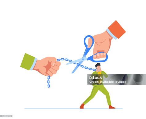 가위가 달린 거대한 손이 다른 손으로 잡은 사업가에게 붙어있는 사슬을 자르고 자유를 상징합니다 기술에 대한 스톡 벡터 아트 및 기타 이미지 Istock