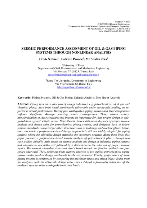 Pdf Seismic Performance Assessment Of Oil And Gas Piping Systems Through Nonlinear Analysis