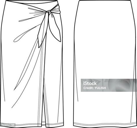 활 세부 패션 여성 저지 또는 짠 직물 랩 스커트 기술 도면 플랫 스케치 모의 벡터 미디 스커트 전면 후면보기 흰색 0명에 대한