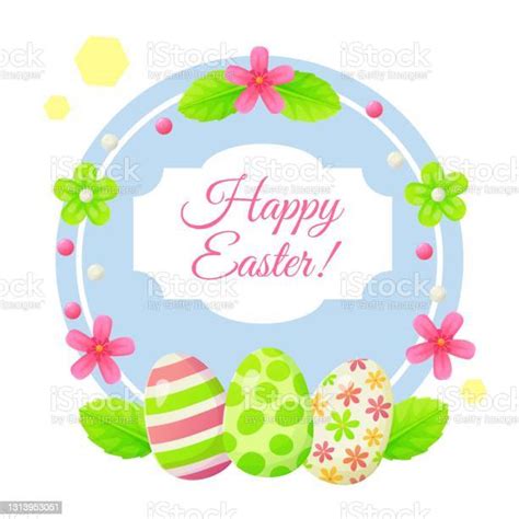 계란 삶과 꽃행복 부활절 인사말 카드 프로모션 초대 특별 제안 타이포그래피 템플릿 개념에 사용할 수 있습니다 만화 사실적인 스타일의 스톡 벡터 일러스트레이션 3차원 형태에