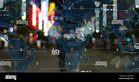 image of world map with data processing over pedestrians on city street
