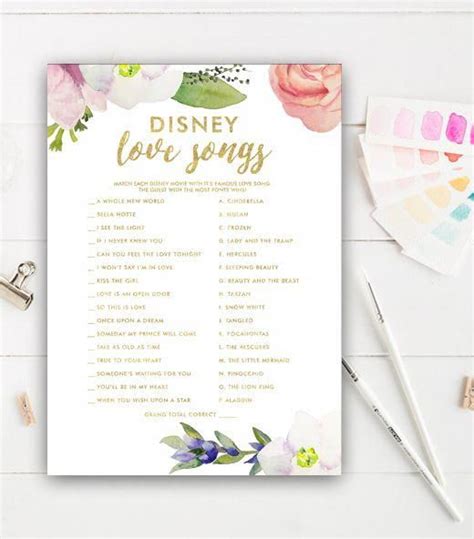 Bridal Shower Game Disney Love Songs Pretty Watercolor Flowers Instant