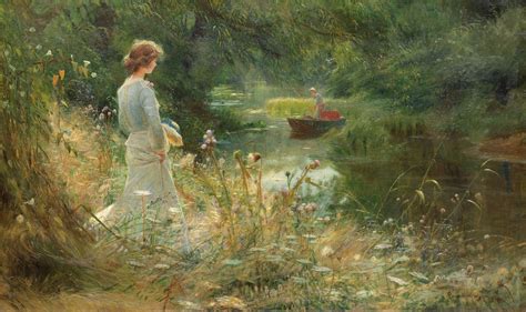 Scene By A Summer Riverbank Victorian Landscape Watercolor Painting