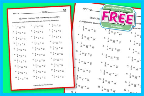 Equivalent Fractions With Two Missing Numerators Math Review Worksheets