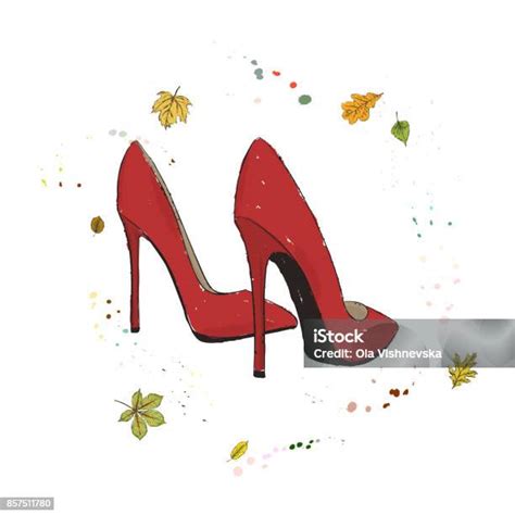 붉은 색의 현대적인 세련 된 신발입니다 가 나뭇잎의 배경 및 수채화의 방울에 신발 손에 흰색 바탕에 그려진된 벡터 일러스트 레이 션 가을에 대한 스톡 벡터 아트 및 기타