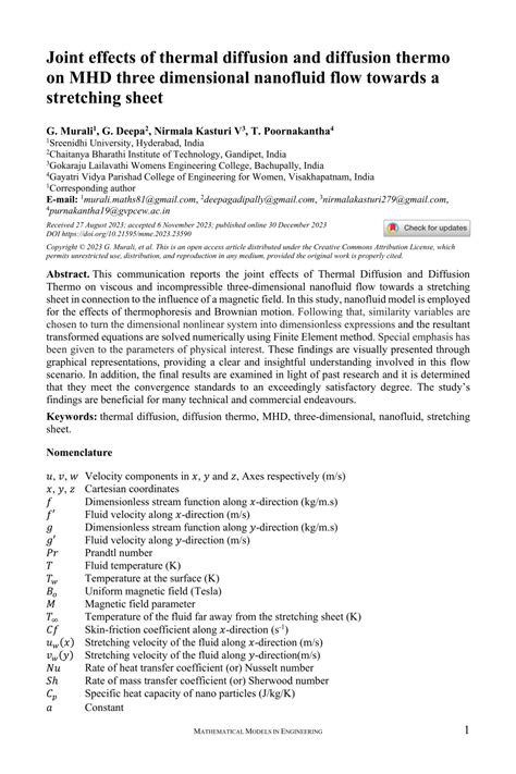 Pdf Joint Effects Of Thermal Diffusion And Diffusion Thermo On Mhd Three Dimensional Nanofluid