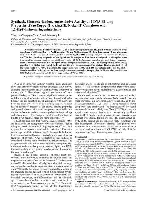 Pdf Synthesis Characterization Antioxidative Activity And Dna Binding Properties Of The