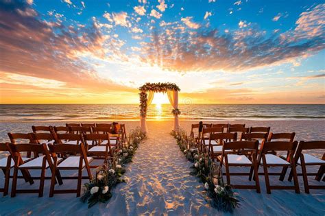 Beautiful Sunset Beach Wedding Ceremony With An Arch And Floral