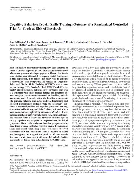 Pdf Cognitive Behavioral Social Skills Training Outcome Of A Randomized Controlled Trial For