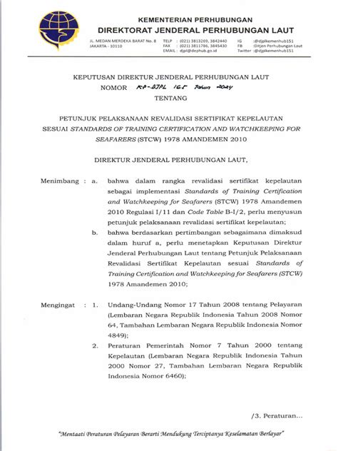 Sk Djpl Tentang Petunjuk Pelaksanaan Revalidasi Sertifikat Kepelautan