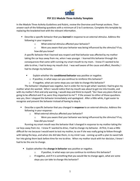 PSY 211 Module Three Activity Template Then Answer Each Of The Following Questions With A