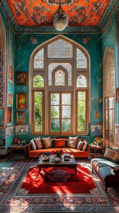 Colorful Persian Living Room With Stained Glass Window Premium Ai