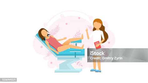산부인과 의사의 약속 메딕 만화 사람들 캐릭터 개념 일러스트 벡터 디자인 스타일 의료 진단 클리닉에서 부인과 의자에 추상 플랫