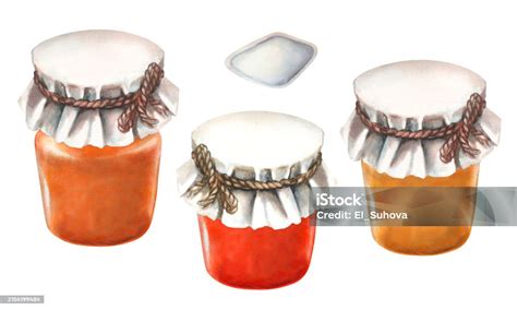 밧줄로 묶인 종이 뚜껑이 있는 밀폐된 유리병에 담긴 살구 오렌지 잼 달콤한 수확 여름 과일 주스 통조림 식품 마멀레이드 및 과자의 디자인 템플릿에 대한 수채화 그림 건강한