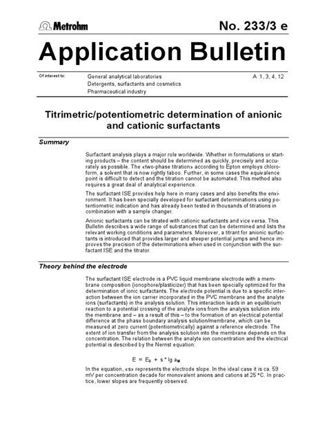 Titrimetric Potentiometric Determination Of Anionic And Cationic Surfactants Pdf Titration