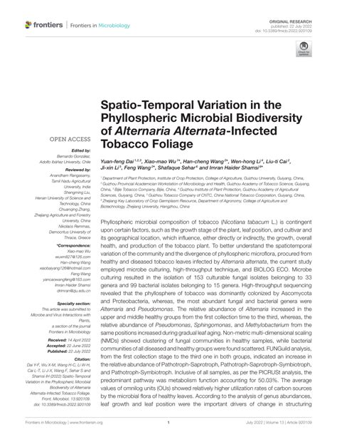 Pdf Spatio Temporal Variation In The Phyllospheric Microbial Biodiversity Of Alternaria