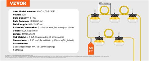 Vevor 50ft Construction String Work Lights 50w 5000lm Connectable