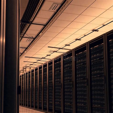 Data Center Server Racks With Glowing Led Light Networking Technology