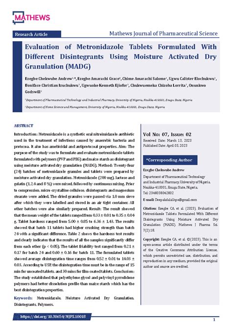 Evaluation Of Metronidazole Tablets Formulated With Different Disintegrants Using Moisture