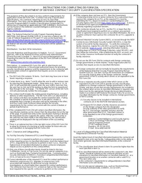 Download Instructions For DD Form 254 Contract Security Classification Specification PDF