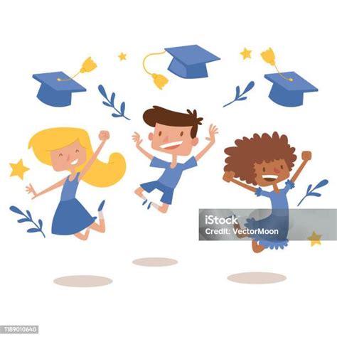 기쁨 배너 벡터 일러스트와 졸업 아이 축 하 다양성 학교 아이들은 기쁨을 위해 점프하고 공중에 자신의 졸업 모자를 토스 대학원생 축하 졸업식에 대한 스톡 벡터 아트 및 기타