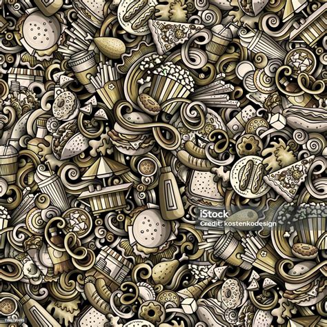패스트 푸드 손으로 그린 낙서 원활한 패턴 패스트푸드 배경 3차원 형태에 대한 스톡 벡터 아트 및 기타 이미지 3차원 형태 감자 요리 개체 그룹 Istock