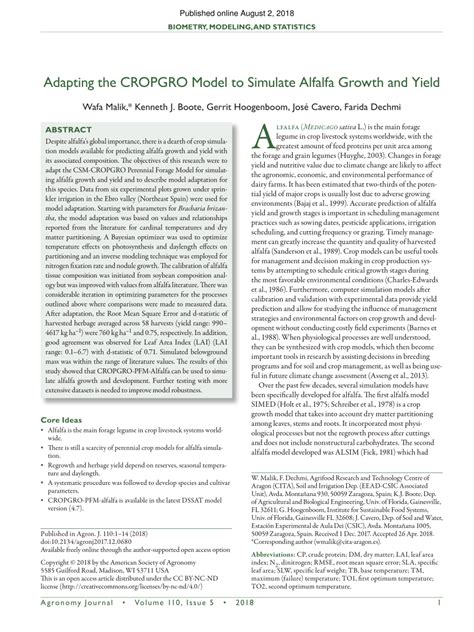 Pdf Adapting The Cropgro Model To Simulate Alfalfa Growth And Yield