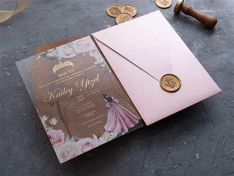 Blush Pink Acrylic Quinceañera Invitation — Gold Foil Floral Design